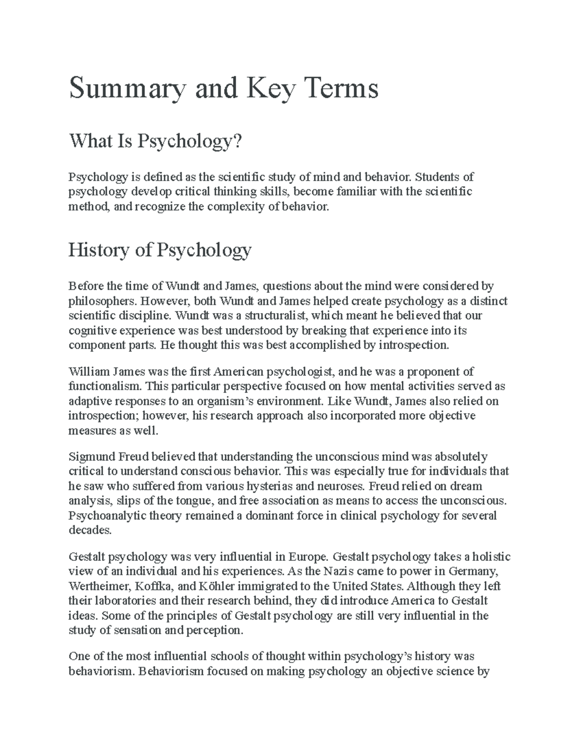 Inrtoductiojn to psysh - Summary and Key Terms What Is Psychology ...