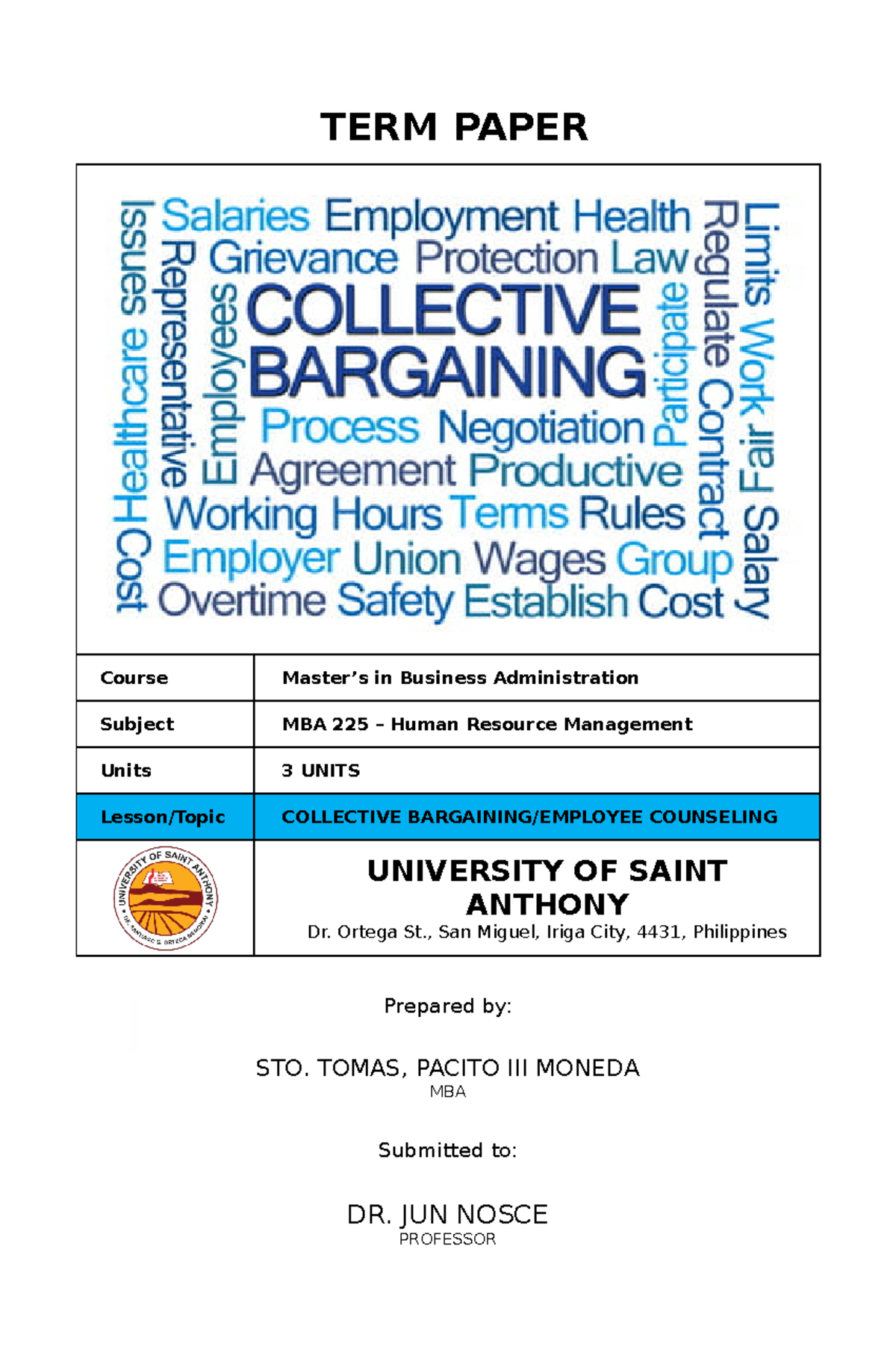 Term Paper on MBA 225 HRM - TERM PAPER Course Master’s in Business ...