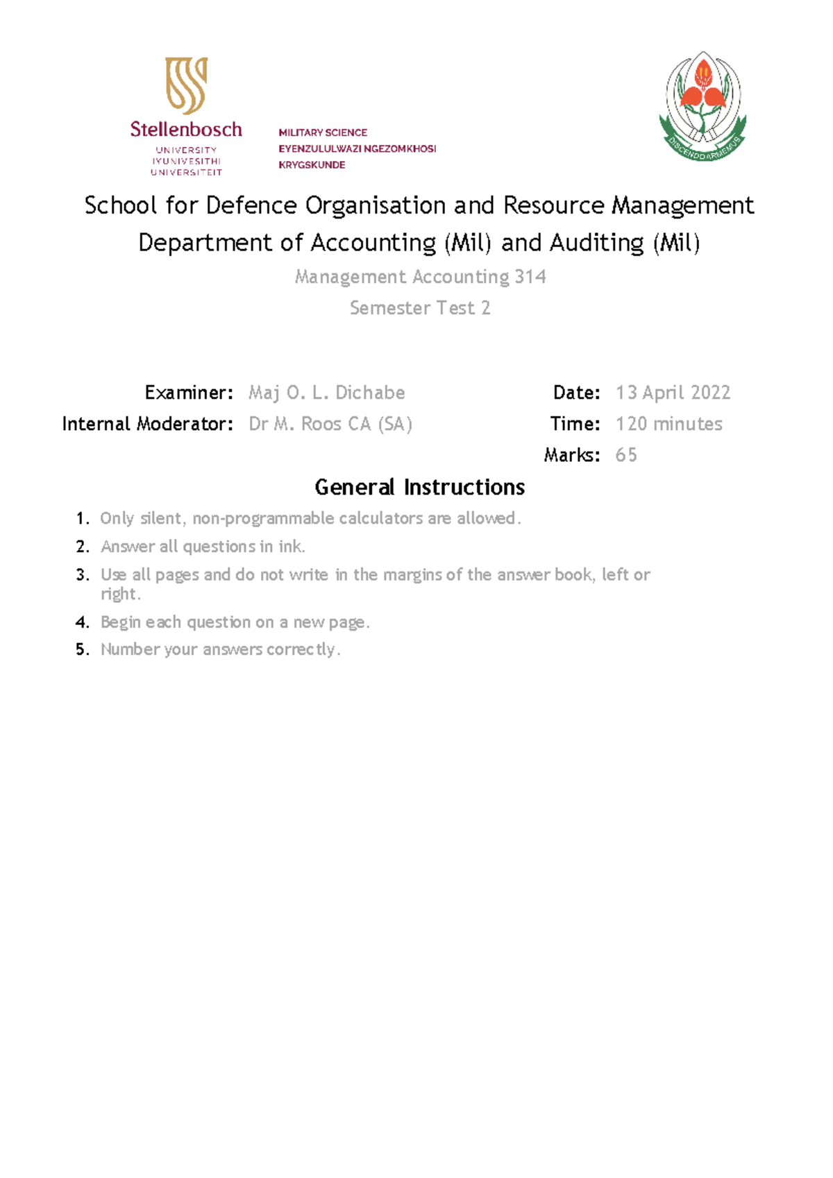 Sem Test 2 Memo - CONTRACT - School for Defence Organisation and ...