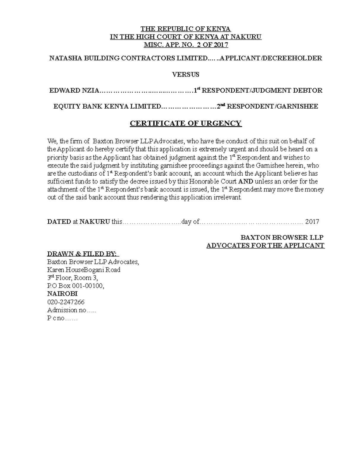 Application for Garnishee Order-3 - THE REPUBLIC OF KENYA IN THE HIGH ...