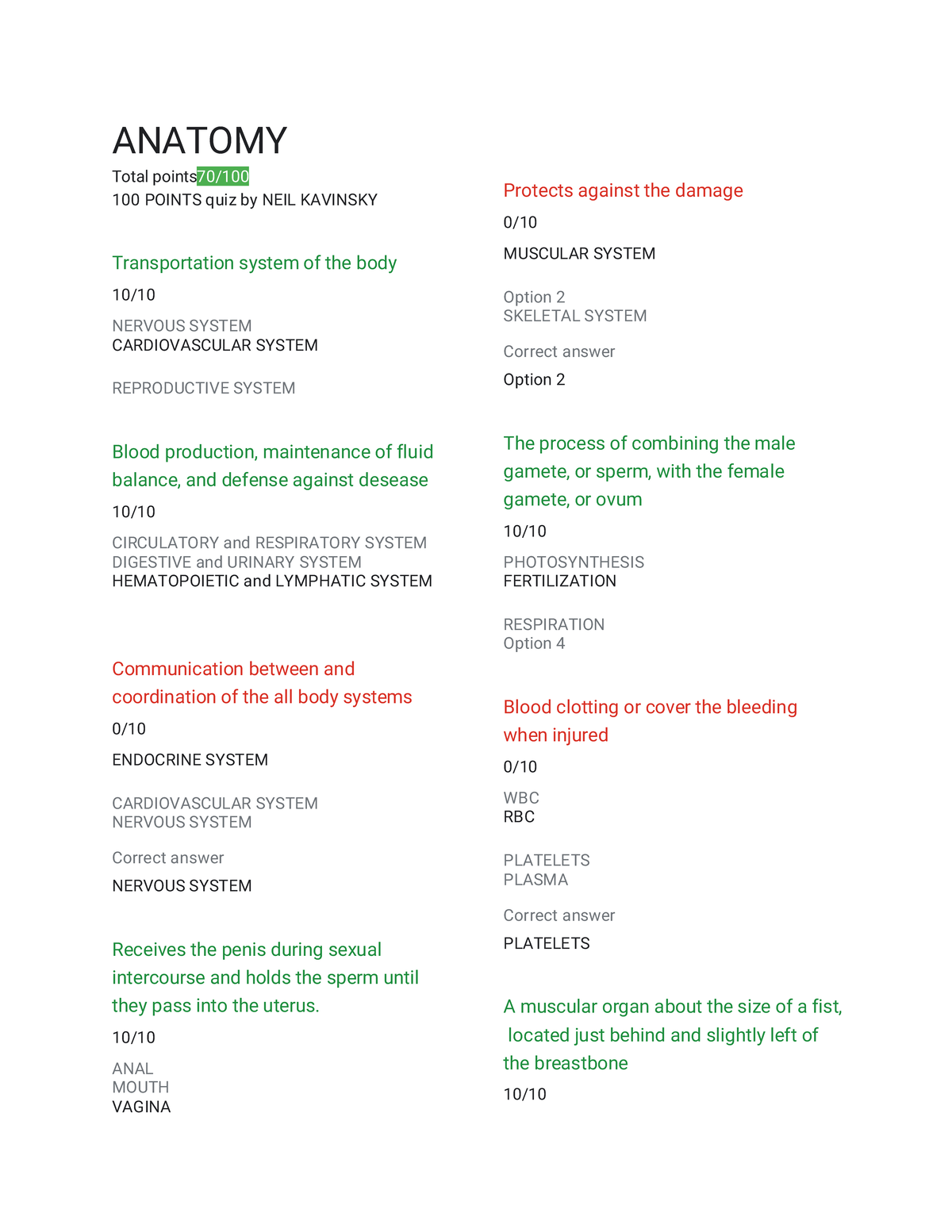 Science-1 - reviewer - ANATOMY Total points70/ 100 POINTS quiz by NEIL ...