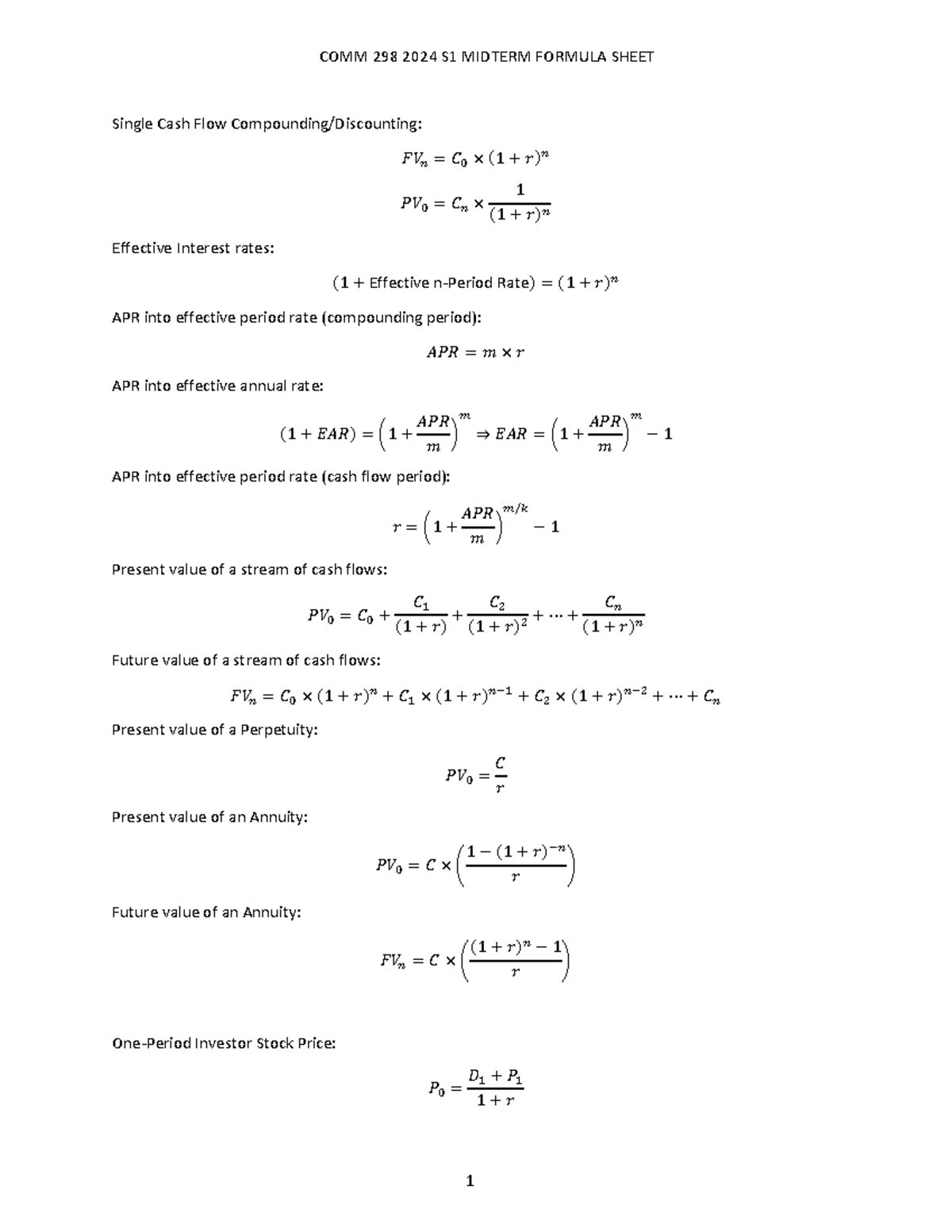 COMM 298 2024S1 Midterm Formula Sheet - Single Cash Flow Compounding ...