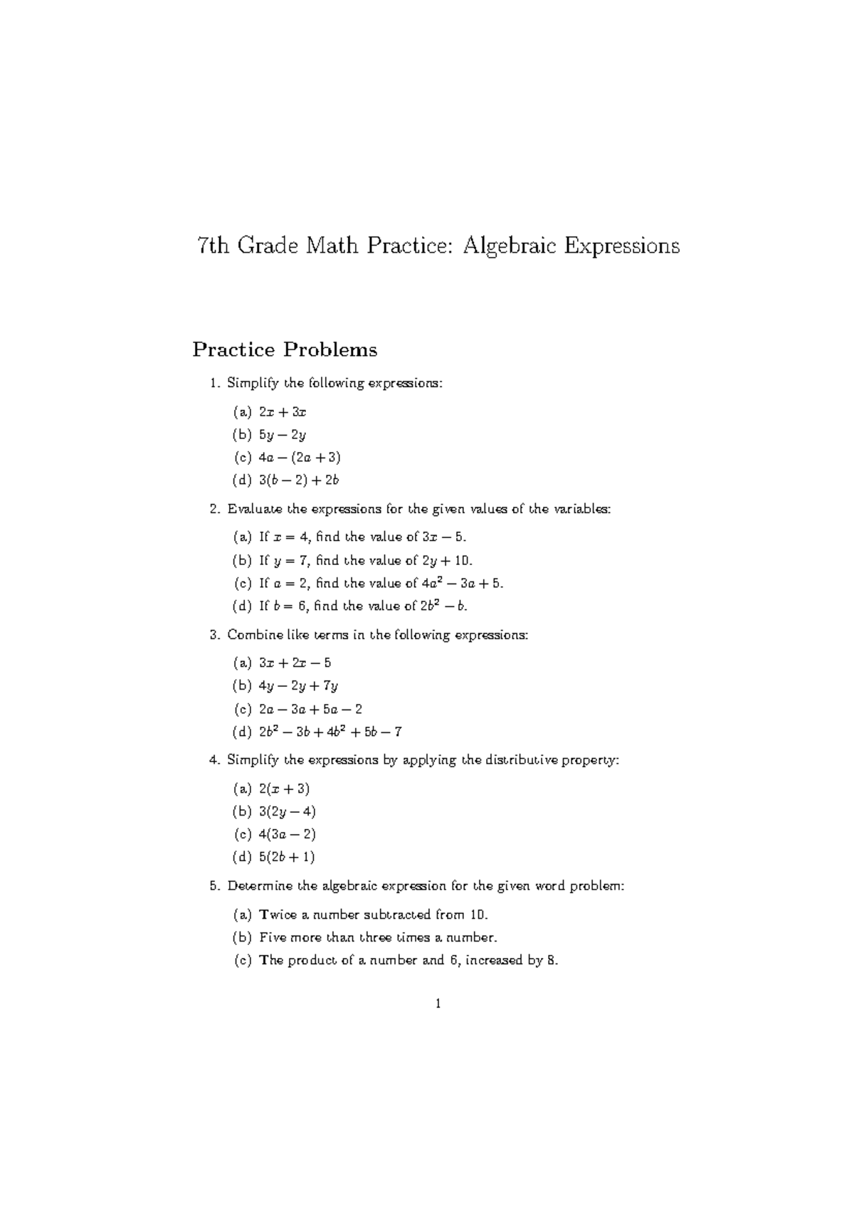 Algebraic expressions - 7th Grade Math Practice: Algebraic Expressions ...