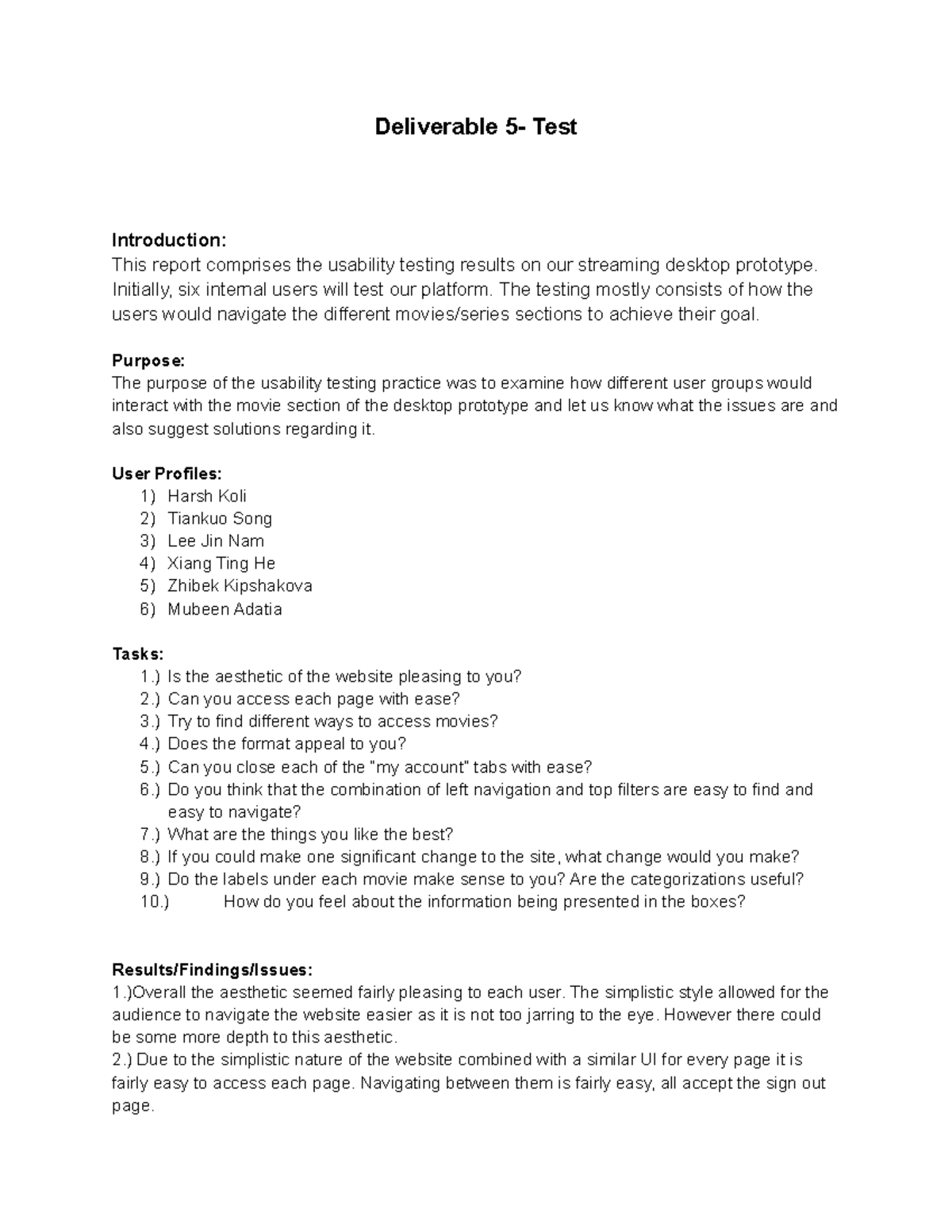 Deliverable 5- Ideate - Deliverable 5- Test Introduction: This report ...