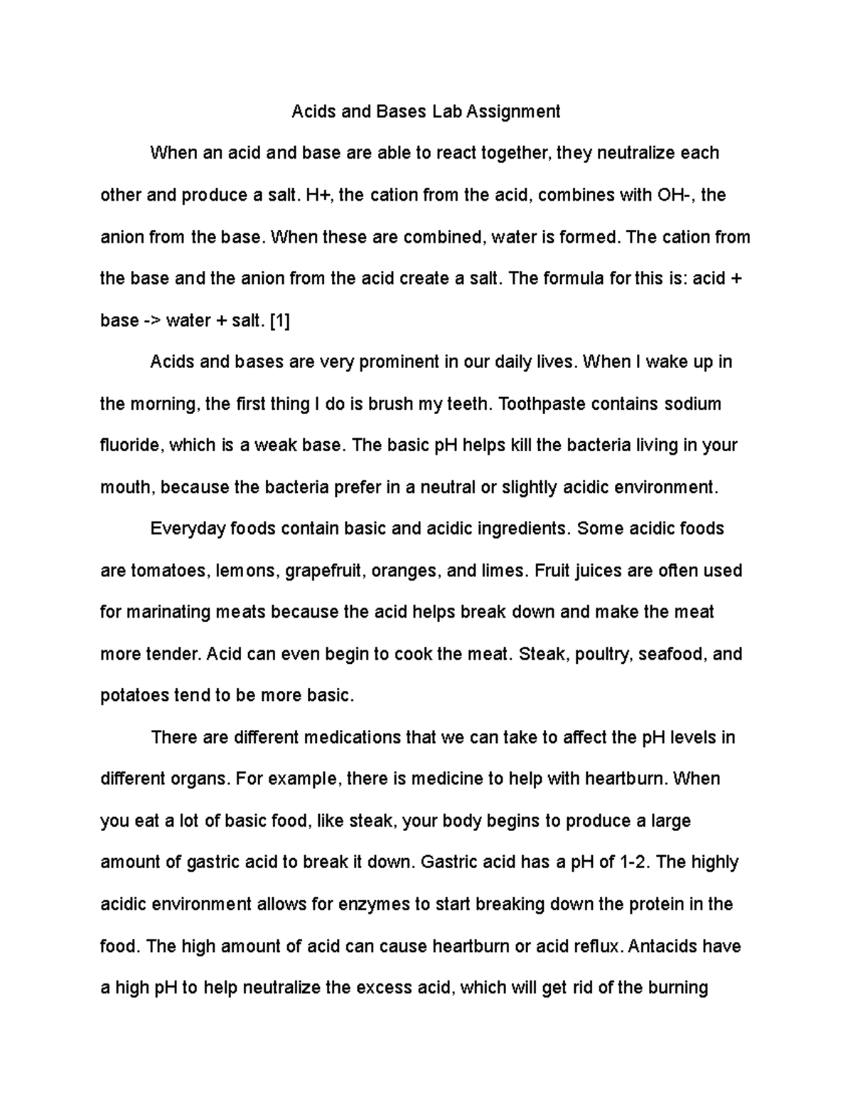 Acids and Bases Lab Assignment - H+, the cation from the acid, combines ...