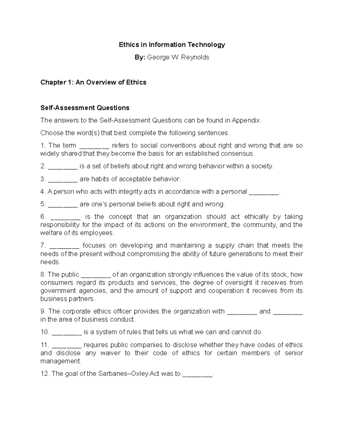 Self-Assessment and Discussion Questions Chapter 1 An Overview of ...