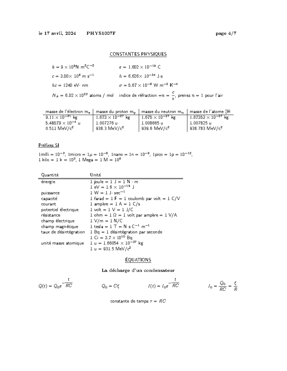PHYS1007FL Examen Final 2024H Pagesdeformules - CONSTANTES PHYSIQUES k ...