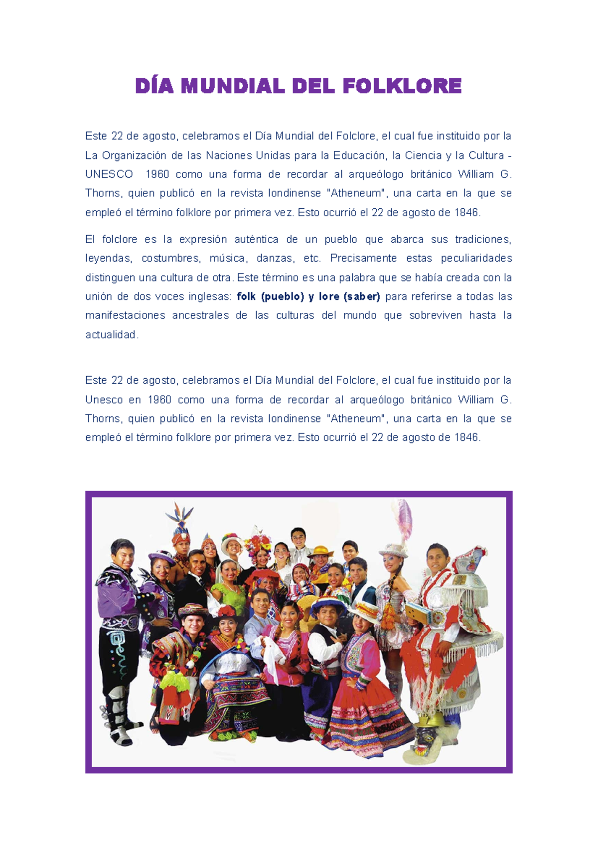 DÍA Mundial DEL Folklore - DÍA MUNDIAL DEL FOLKLORE Este 22 de agosto, celebramos el Día Mundial ...