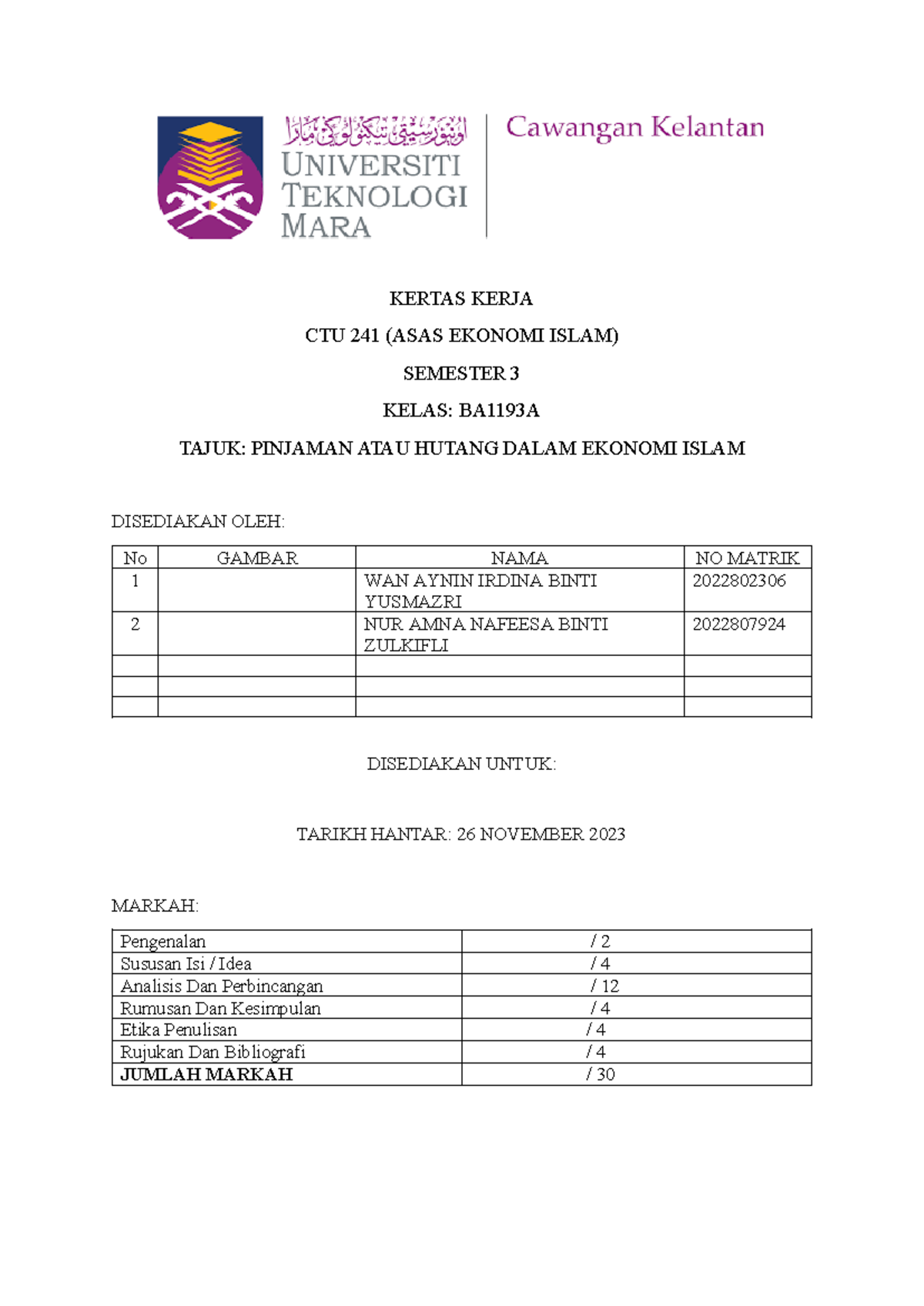 Assignment CTU241 Group 5 - KERTAS KERJA CTU 241 (ASAS EKONOMI ISLAM ...