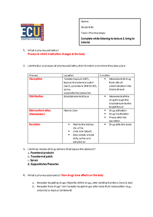 Worksheet pharmacology - What is pharmacokinetics? List the four ...