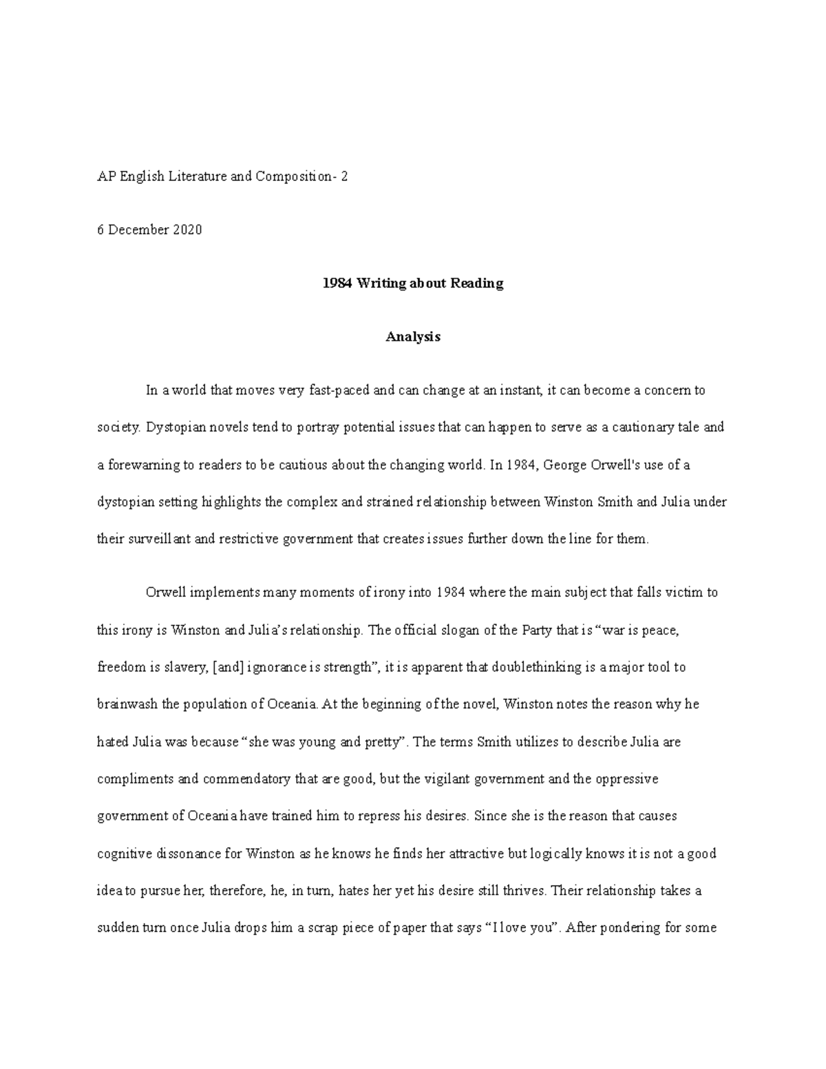 writing about reading 1984 - AP English Literature and Composition- 2 6 ...