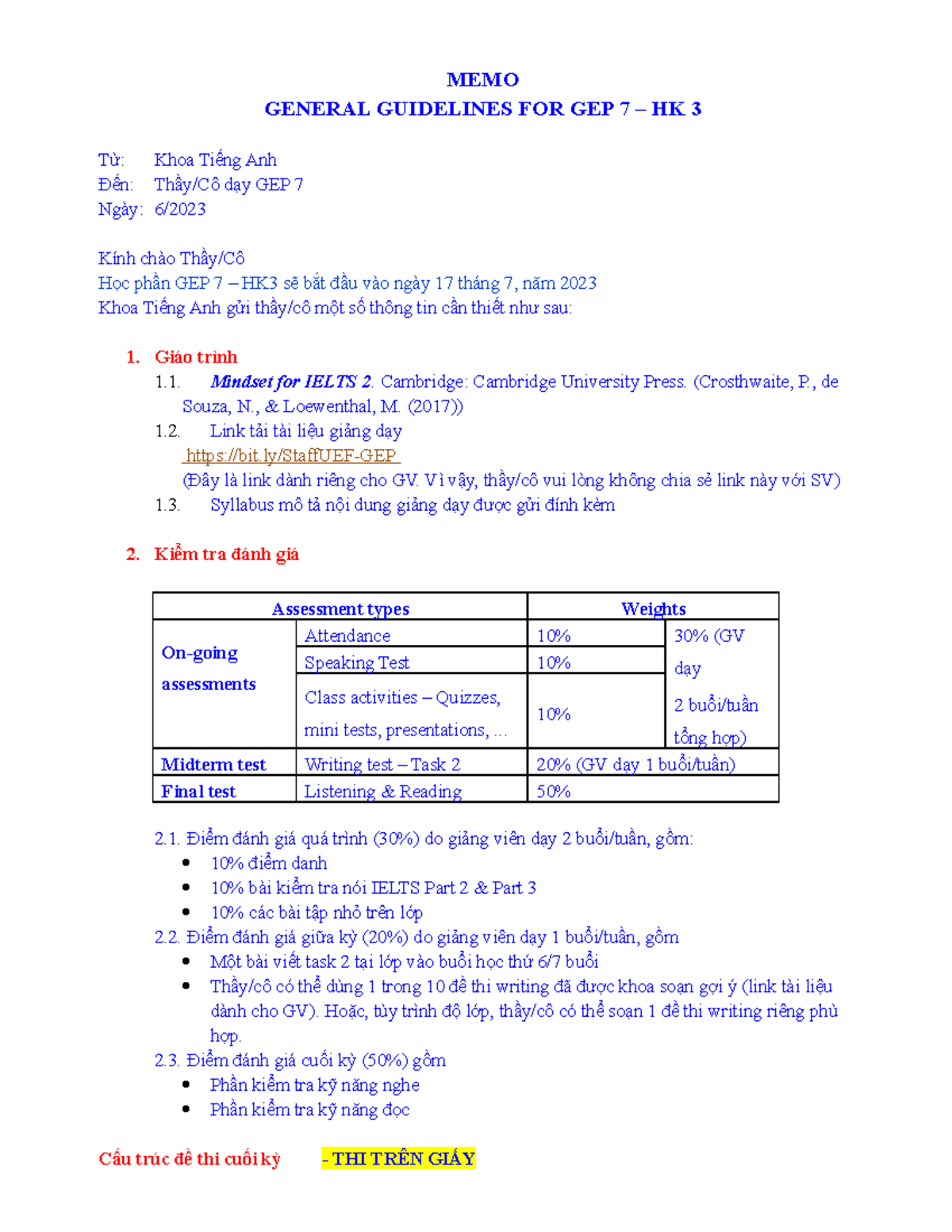 (K.2021) - GEP 7 - Memo - (VNamese Lecturer) (HK3 - 2023) - MEMO ...