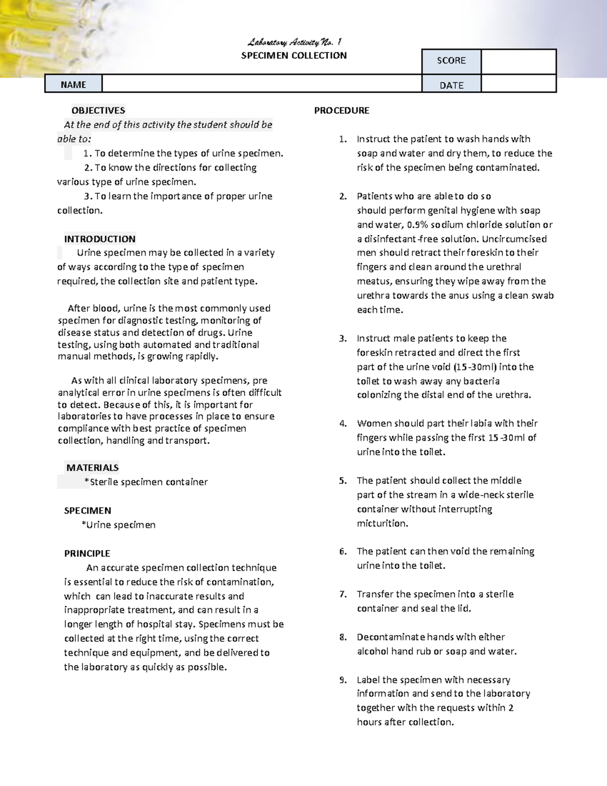 Activity 1 - Specimen Collection - Laboratory Activity No. 1 SPECIMEN ...