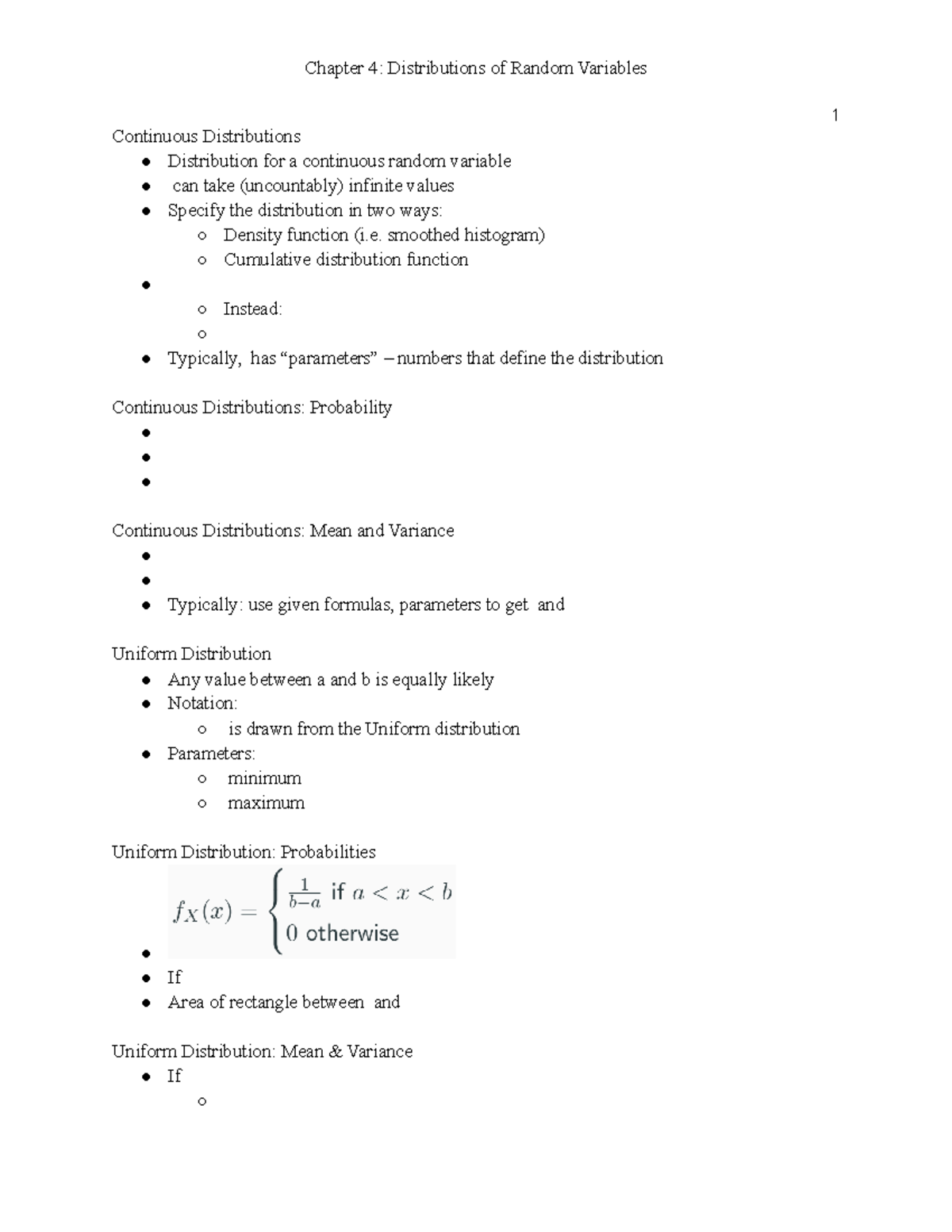 Chapter 4 Notes - Adam Sales - 1 Continuous Distributions Distribution ...