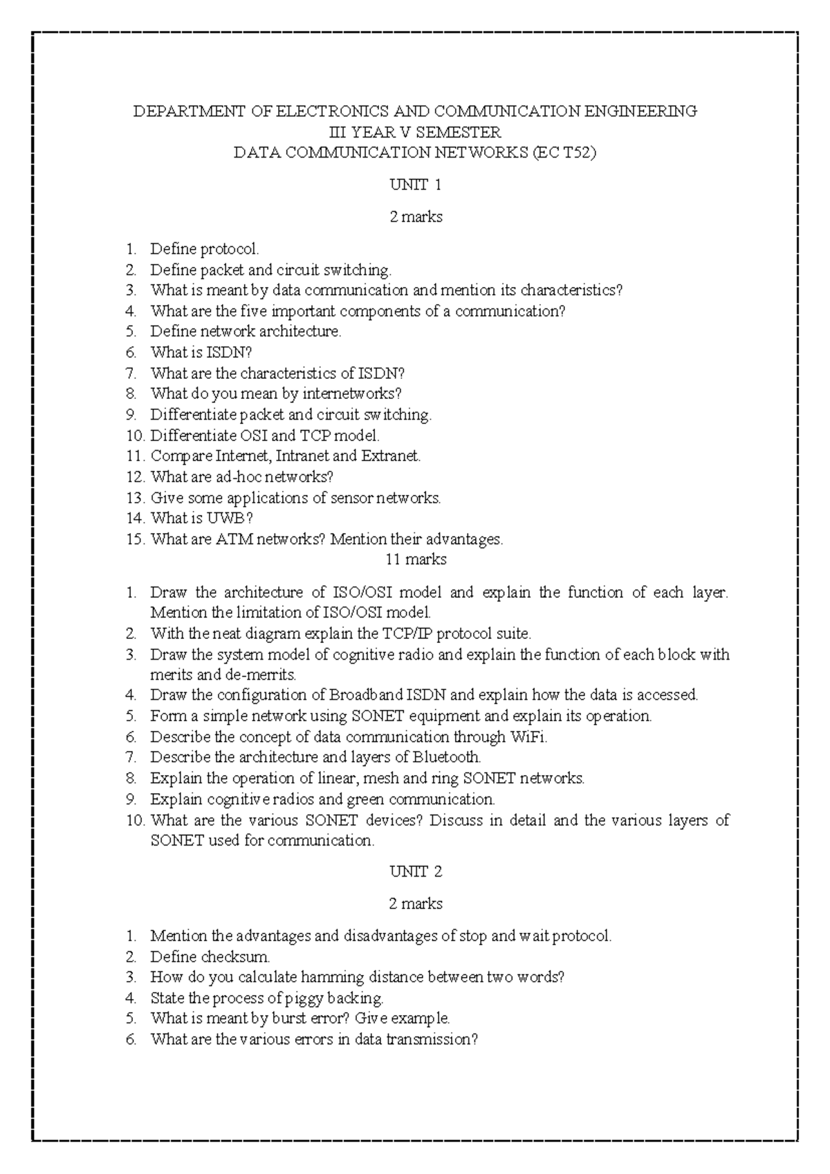 DCN(IQ) - ALL UNITS QUESTION BANK FOR DATA COMMUNICATION QUESTIONS ...