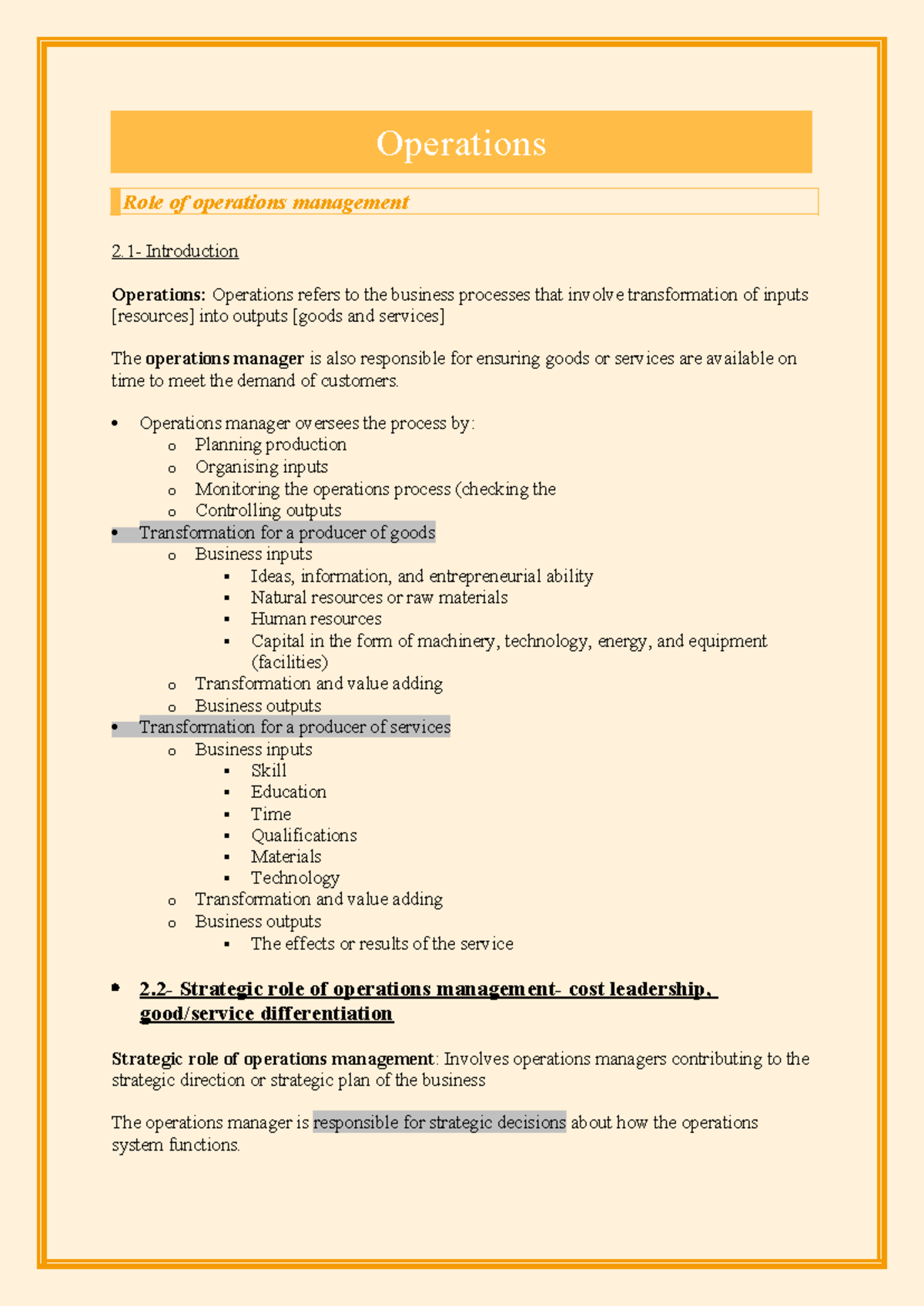Operations notes year 12 business studies - Operations Role of ...