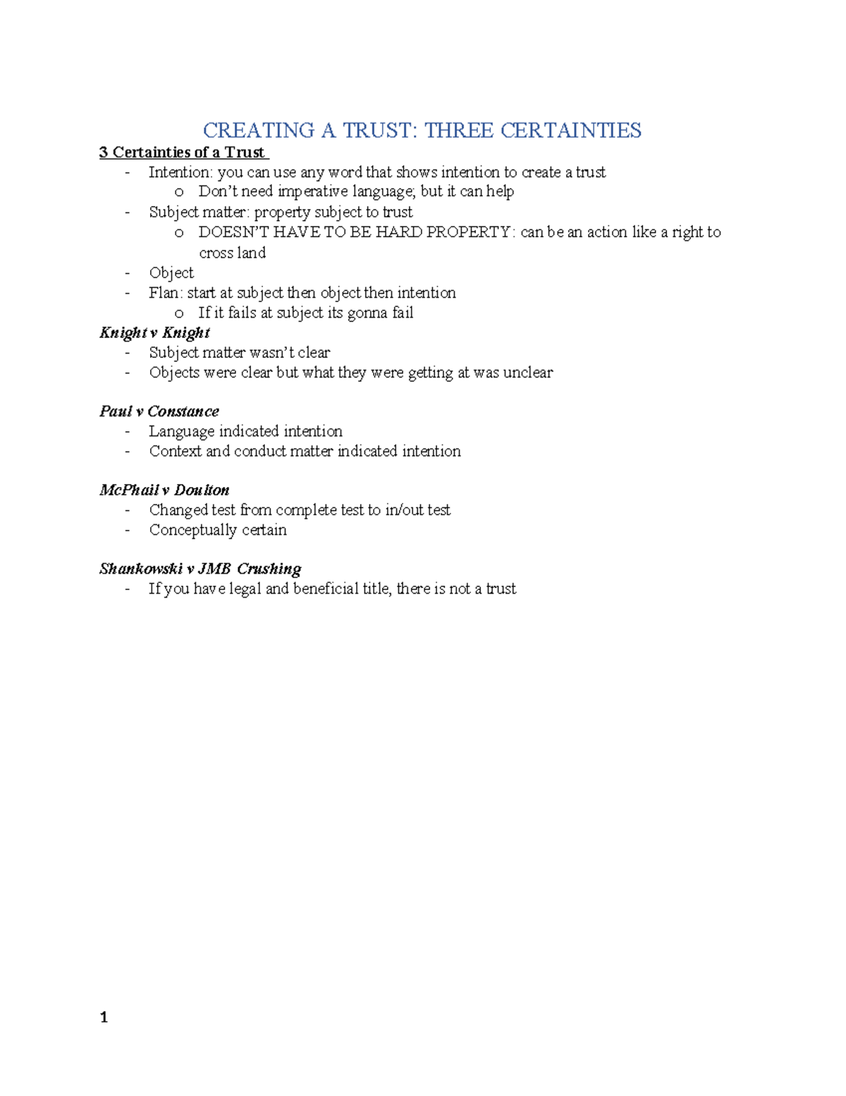 OLD-Trust CANs Final - trust law at UofS - CREATING A TRUST: THREE CERTAINTIES 3 Certainties of ...