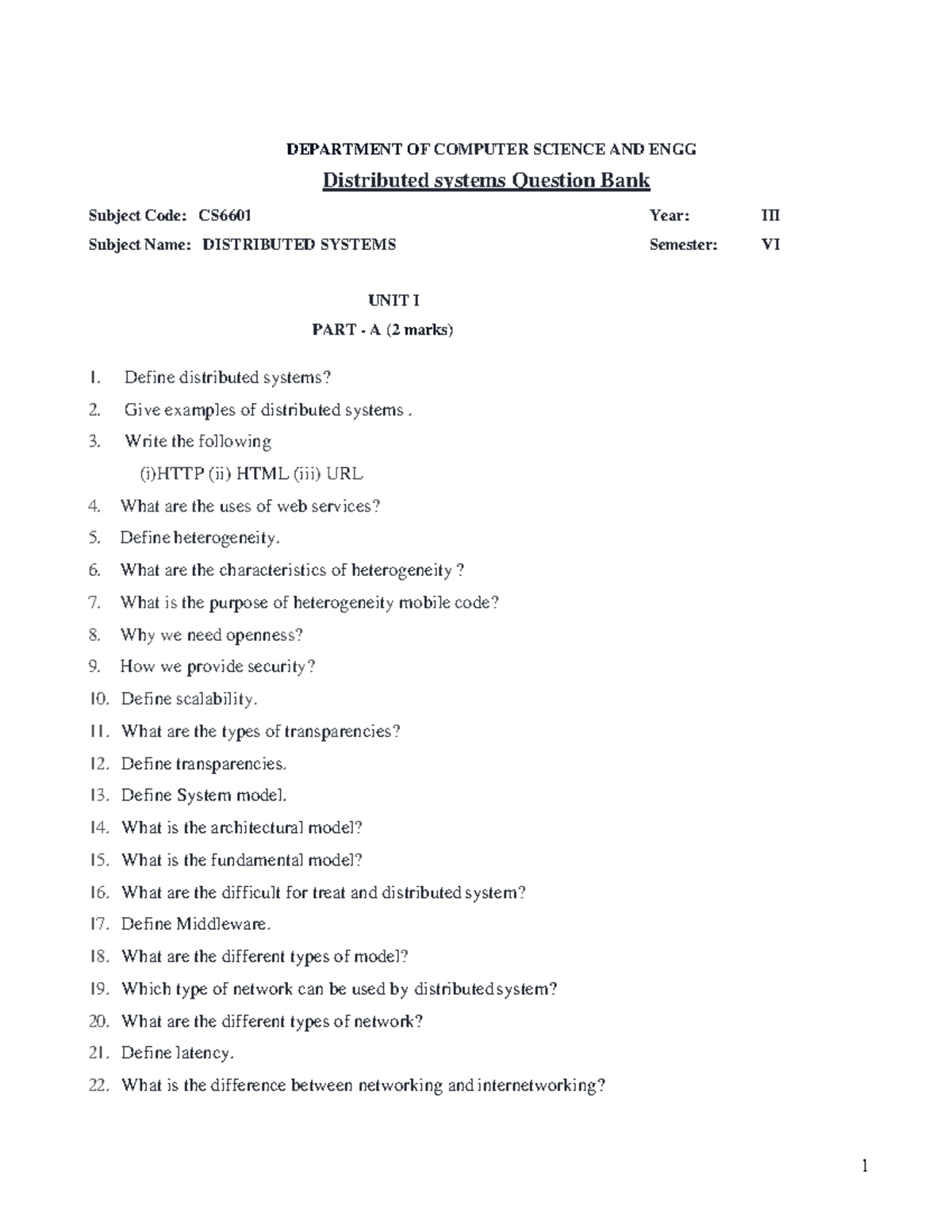 CS6601qb1 - question bank - DEPARTMENT OF COMPUTER SCIENCE AND ENGG Distributed systems Question ...