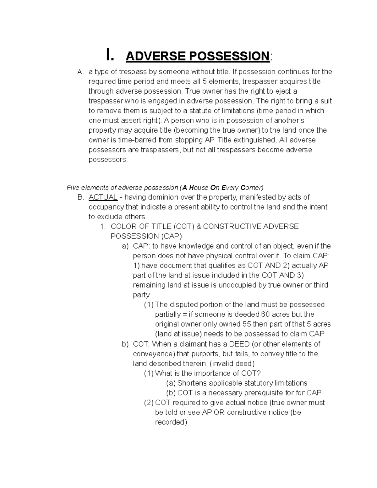 Property Outline - I. ADVERSE POSSESSION: A. a type of trespass by ...