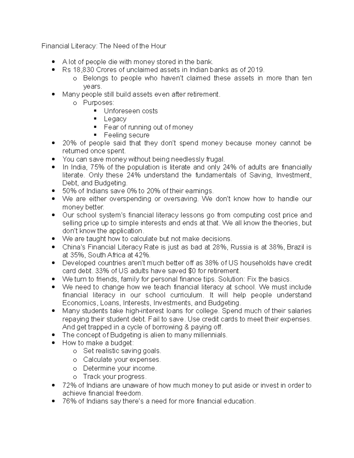 Financial Literacy - Lecture notes 1-2 - Financial Literacy: The Need ...