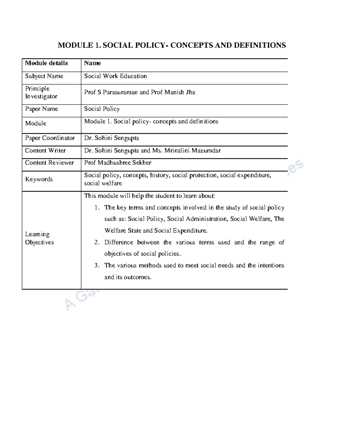 Social policy and administration - MODULE 1. SOCIAL POLICY- CONCEPTS ...