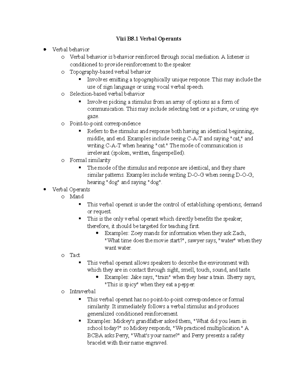 Vizi module B8.1 verbal operants notes - Vizi B8 Verbal Operants Verbal ...