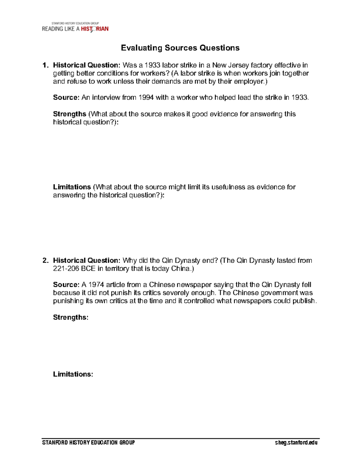 Evaluating Sources Student Materials 1 - STANFORD HISTORY EDUCATION ...