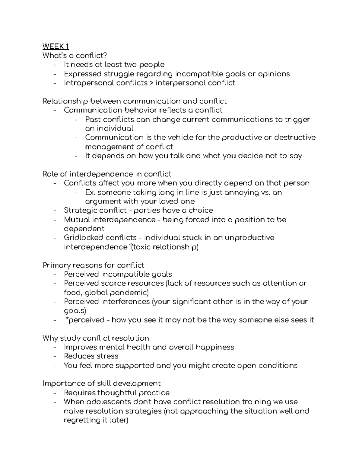 Conflict Resolution - notes - WEEK 1 What’s a conflict? - It needs at ...