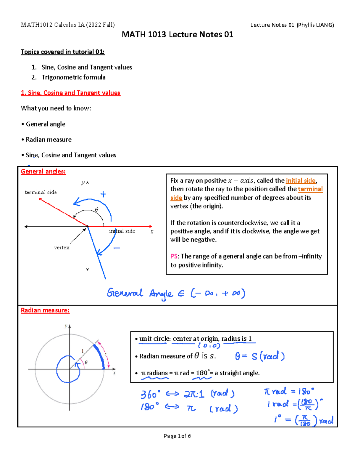 MATH1012 Lecture Notes 01 - • unit circle: center at origin, radius is ...