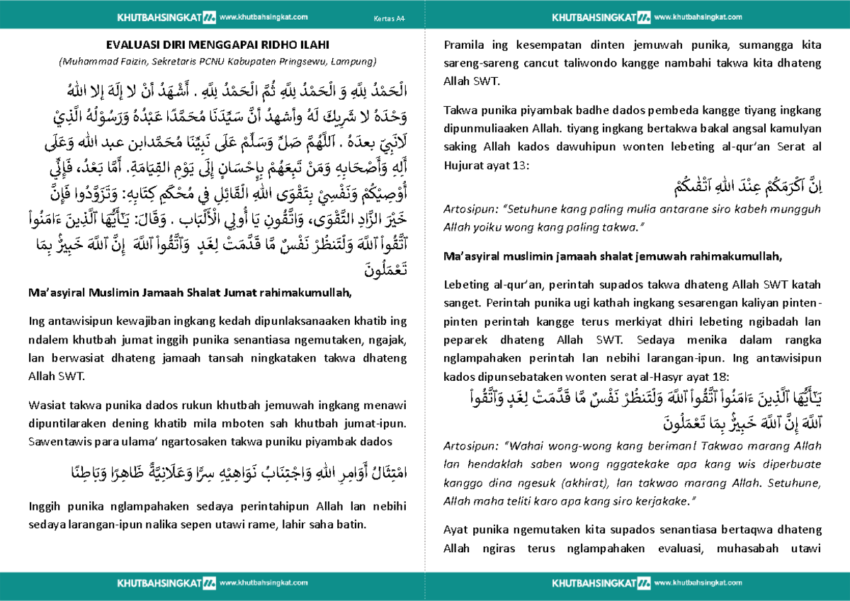 326. Khutbah Jumat Jawa - Evaluasi Diri Menggapai Ridho Ilahi - Kertas A EVALUASI DIRI MENGGAPAI ...