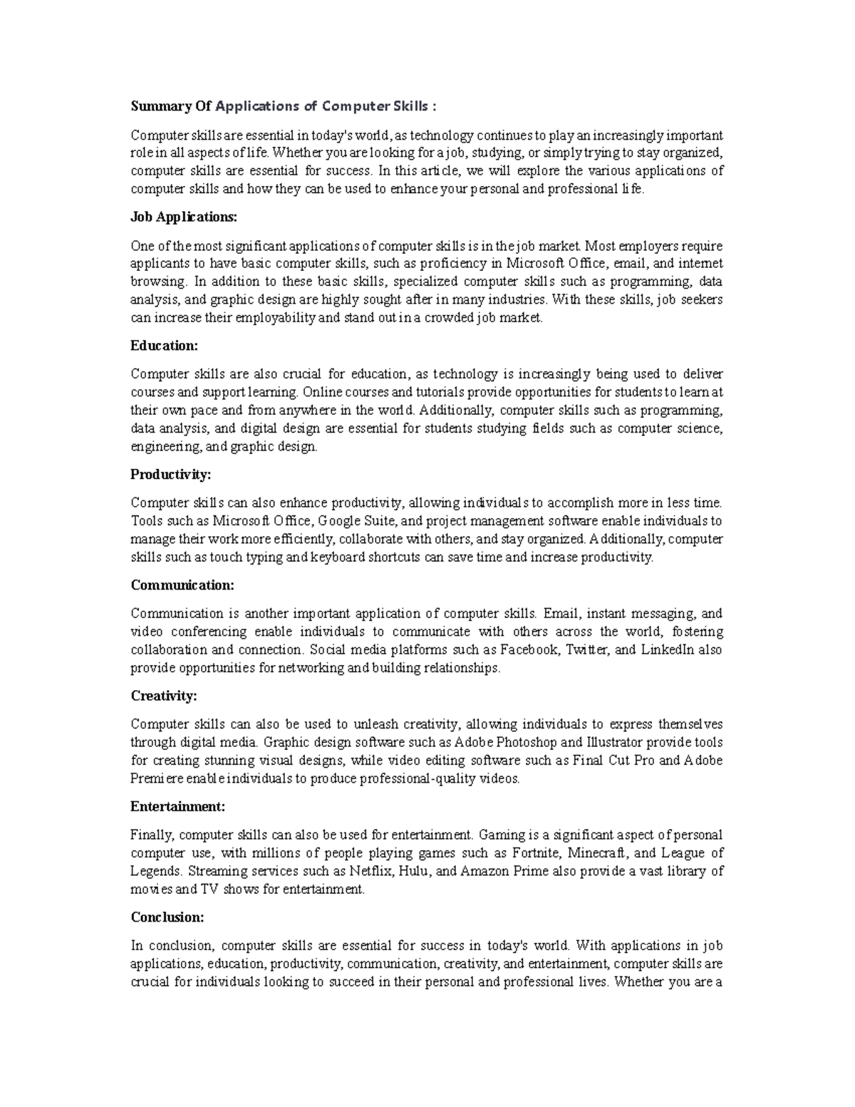 Applications of Computer Skills - Whether you are looking for a job ...