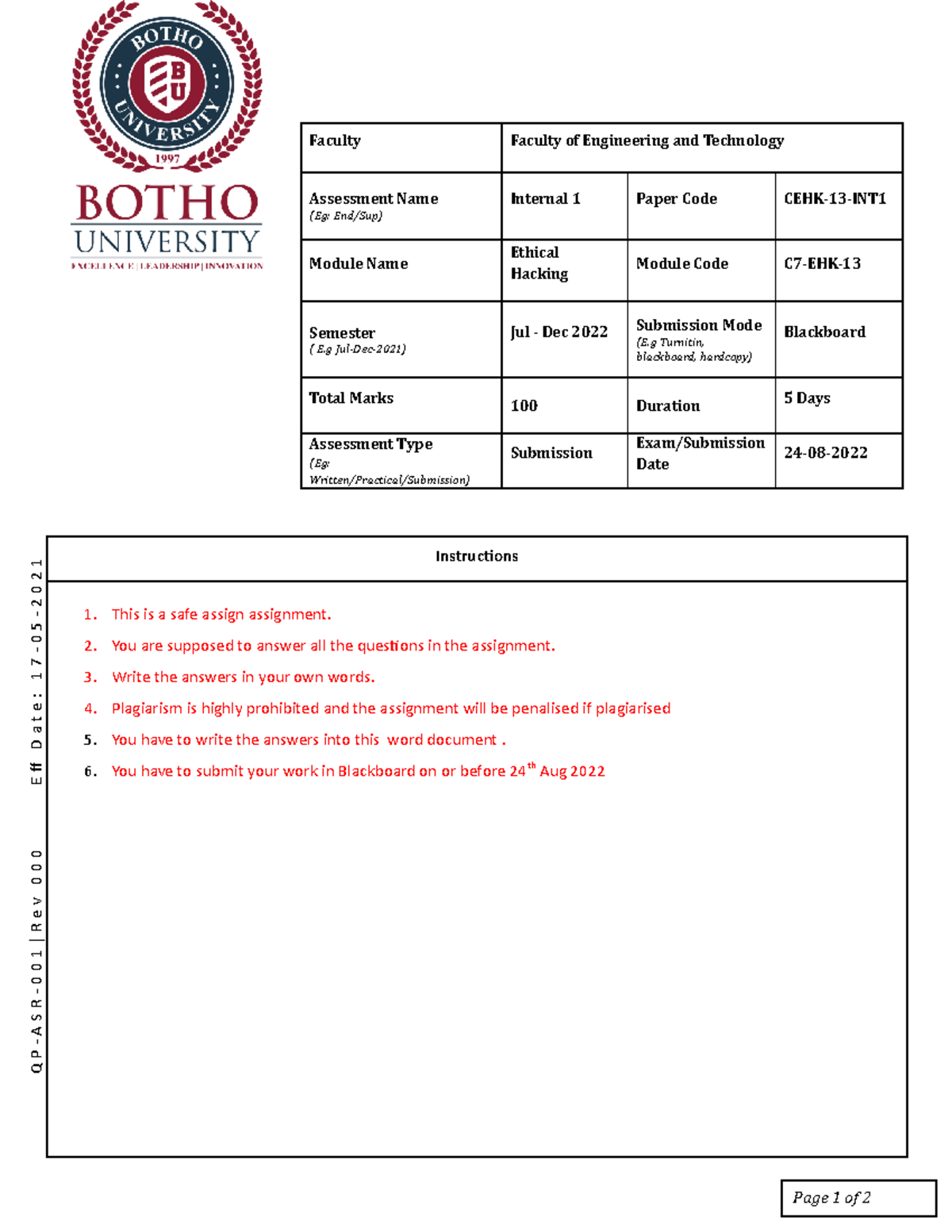 QP-ASR-001 Exam Question Paper EHKInternal 1 - Q P - A S R - 0 0 1 | R e v 0 0 0 E f D a t e : 1 ...