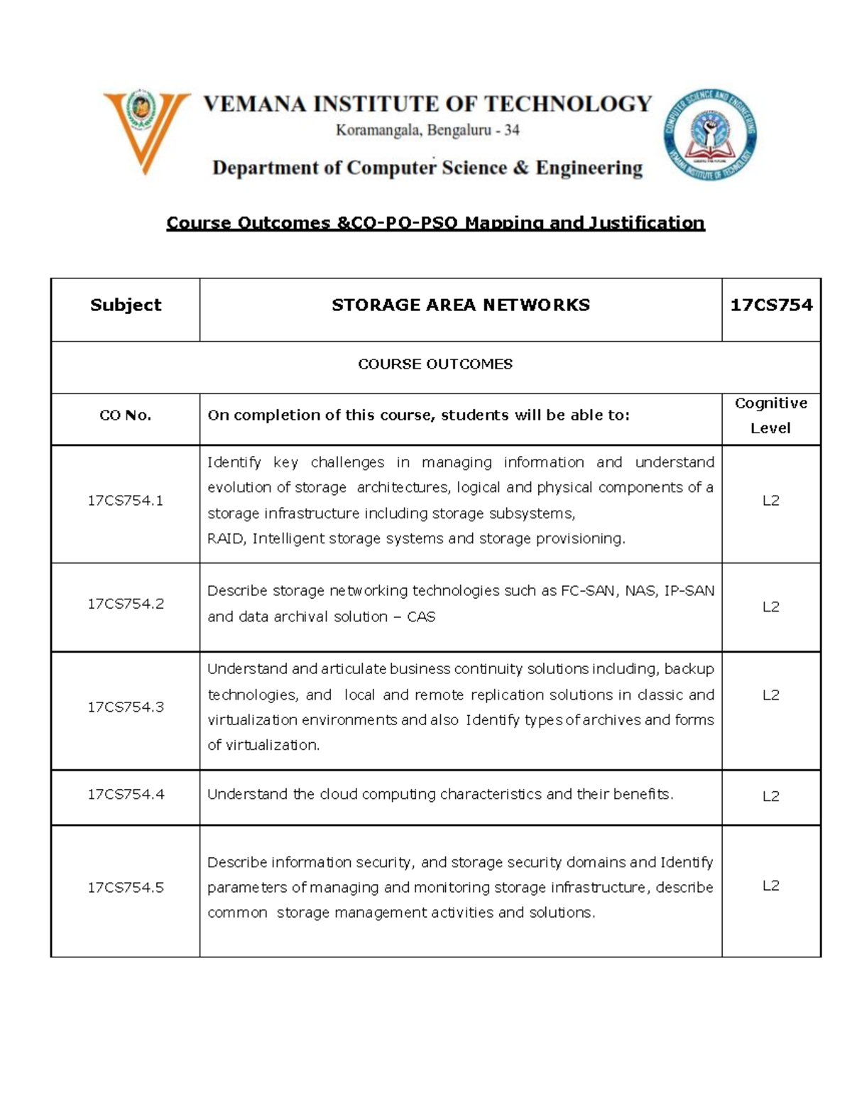 17CS754 - CLOUD COMPUTING - Course Outcomes &CO-PO-PSO Mapping and ...