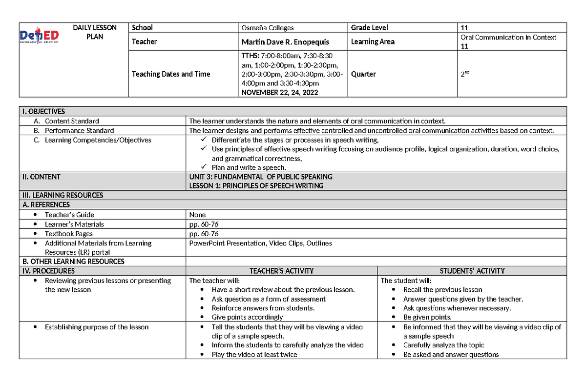 DLP - Principles of Speech Writing - DAILY LESSON PLAN School Osmeña ...