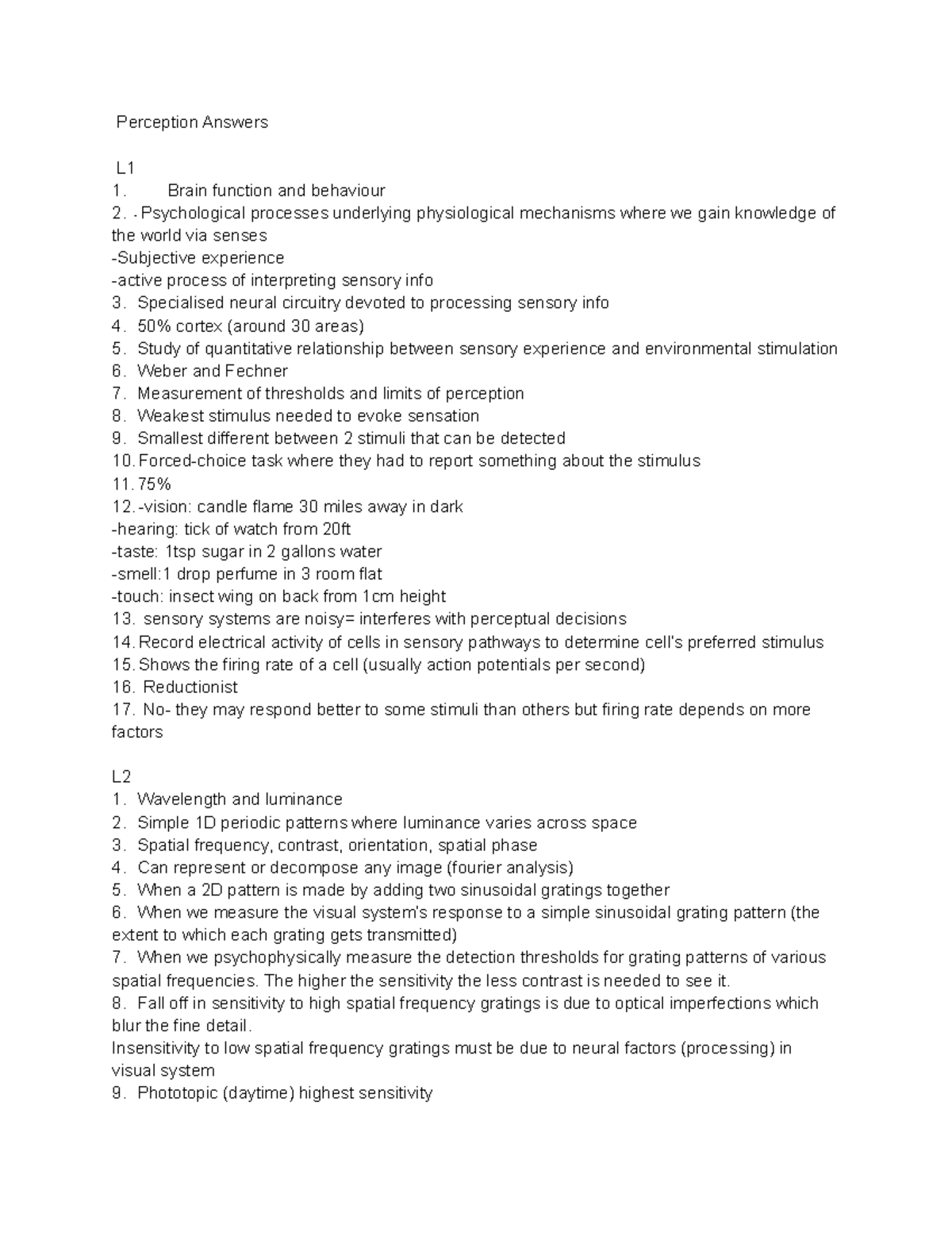 Perception Question Answers - Perception Answers L1 1. Brain function ...