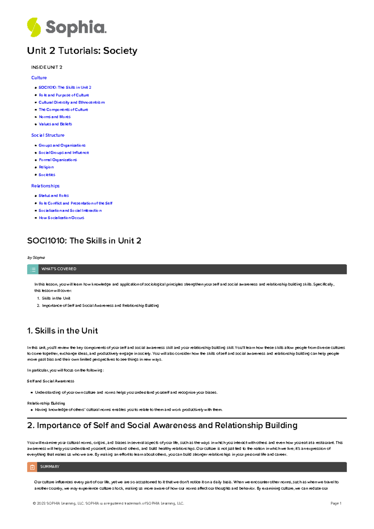 Unit 2 tutorials society - Unit 2 Tutorials: Society INSIDE UNIT 2 Culture SOCI1010: The Skills ...