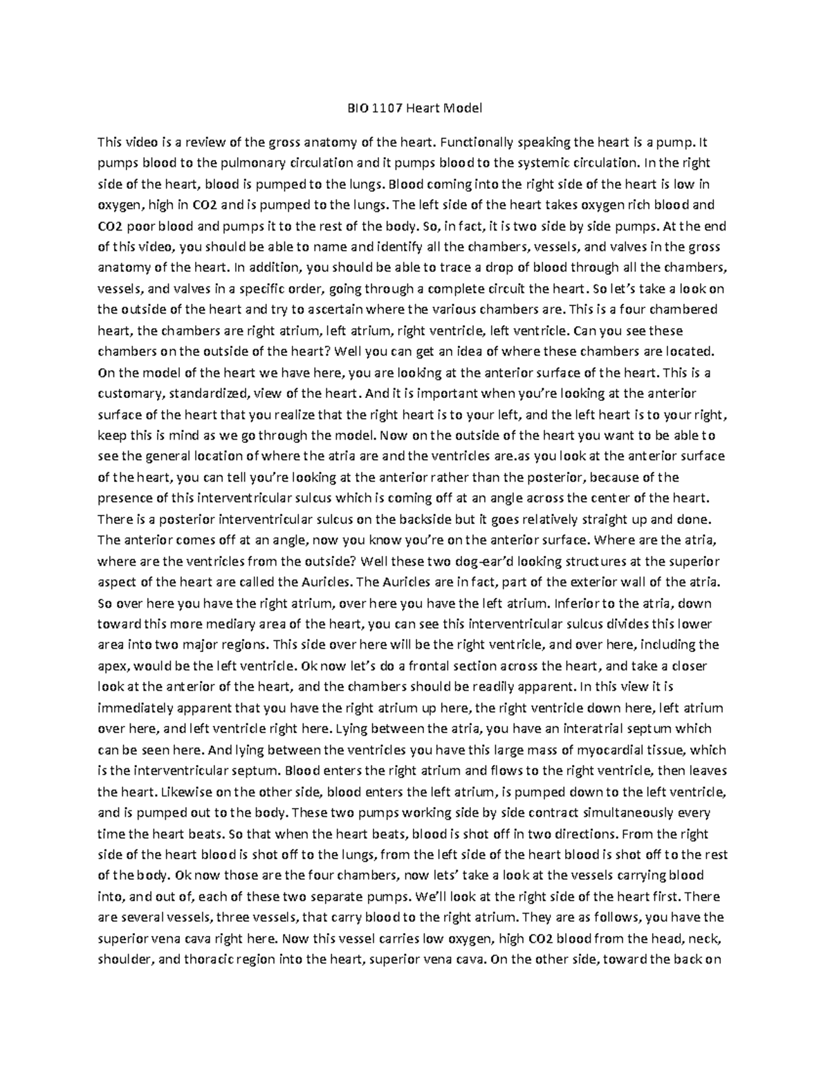 BIO 1107 Heart Model - N/A - BIO 1107 Heart Model This video is a ...