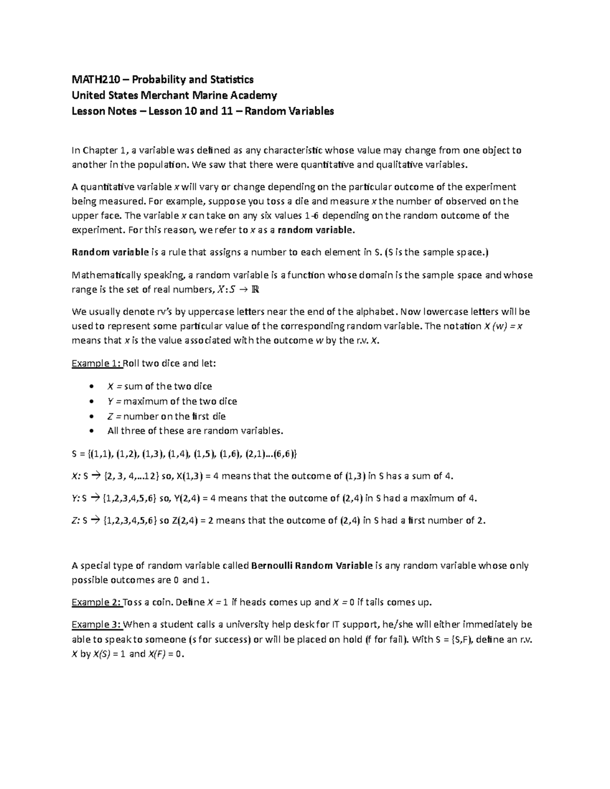 MATH210 Probability and Statistics Lesson notes 10 and 11 Random ...