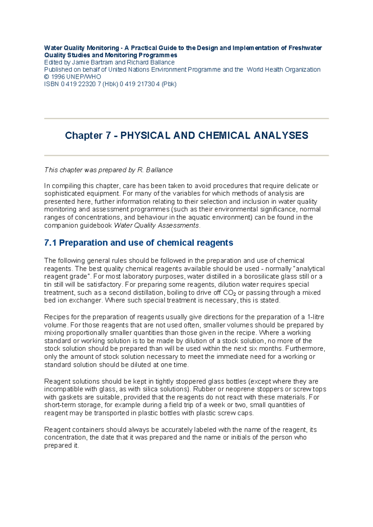 Preparation of some reagent - Water Quality Monitoring - A Practical ...