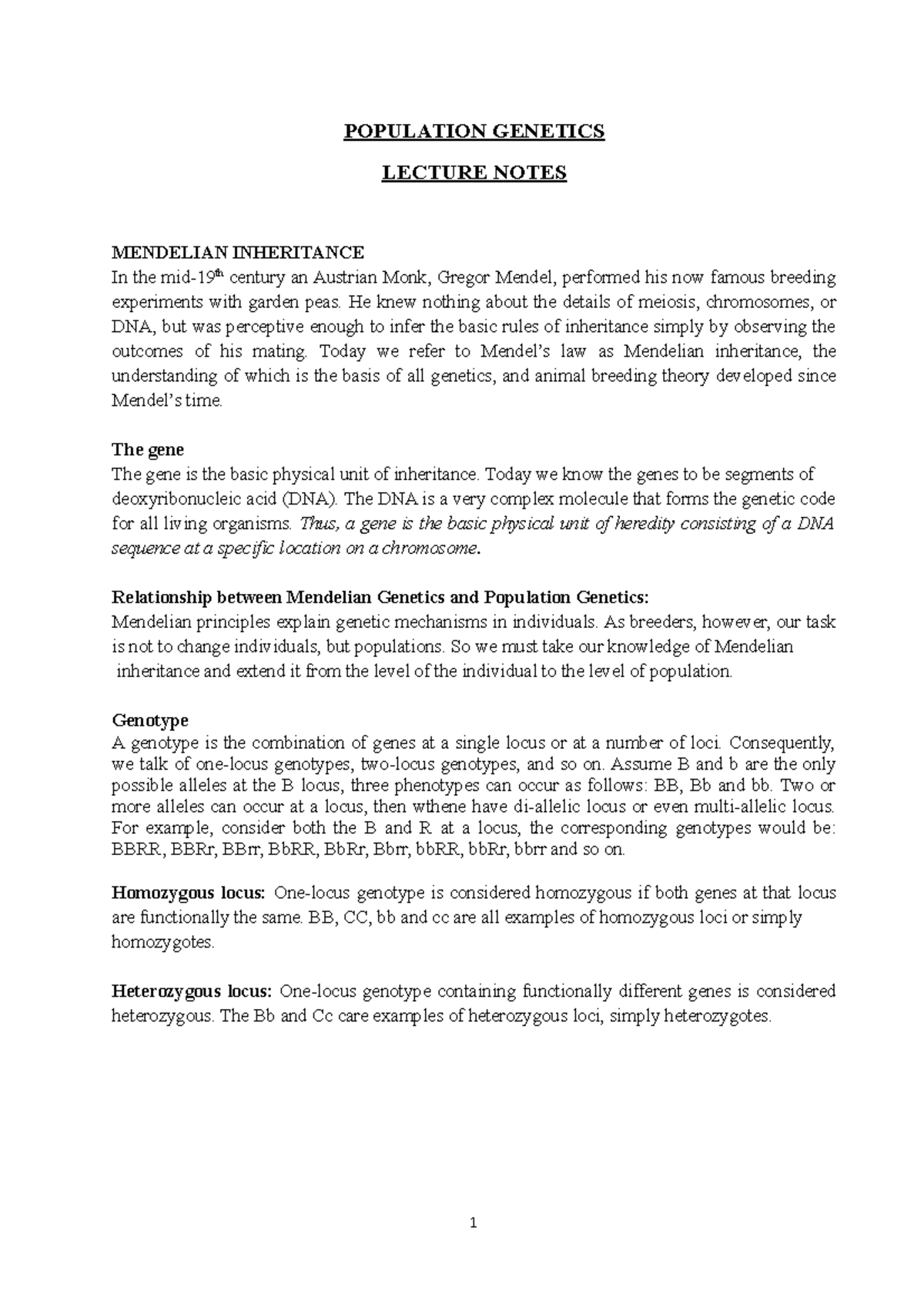 Population Genetics in Animal Breeding - POPULATION GENETICS LECTURE ...