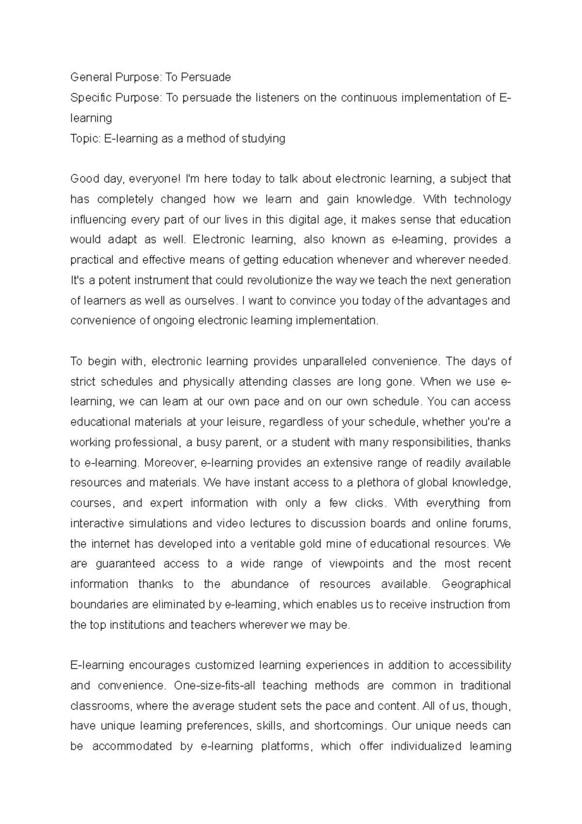 Speeeeech - Possible example of speech - General Purpose: To Persuade ...