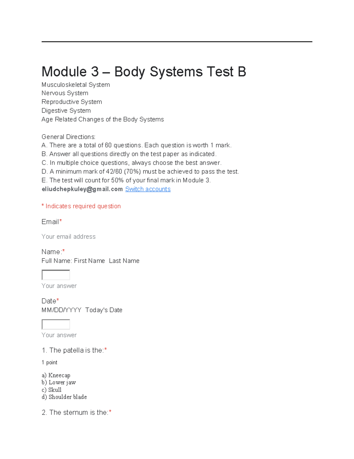 Module 3 B Exam - Module 3 – Body Systems Test B Musculoskeletal System ...