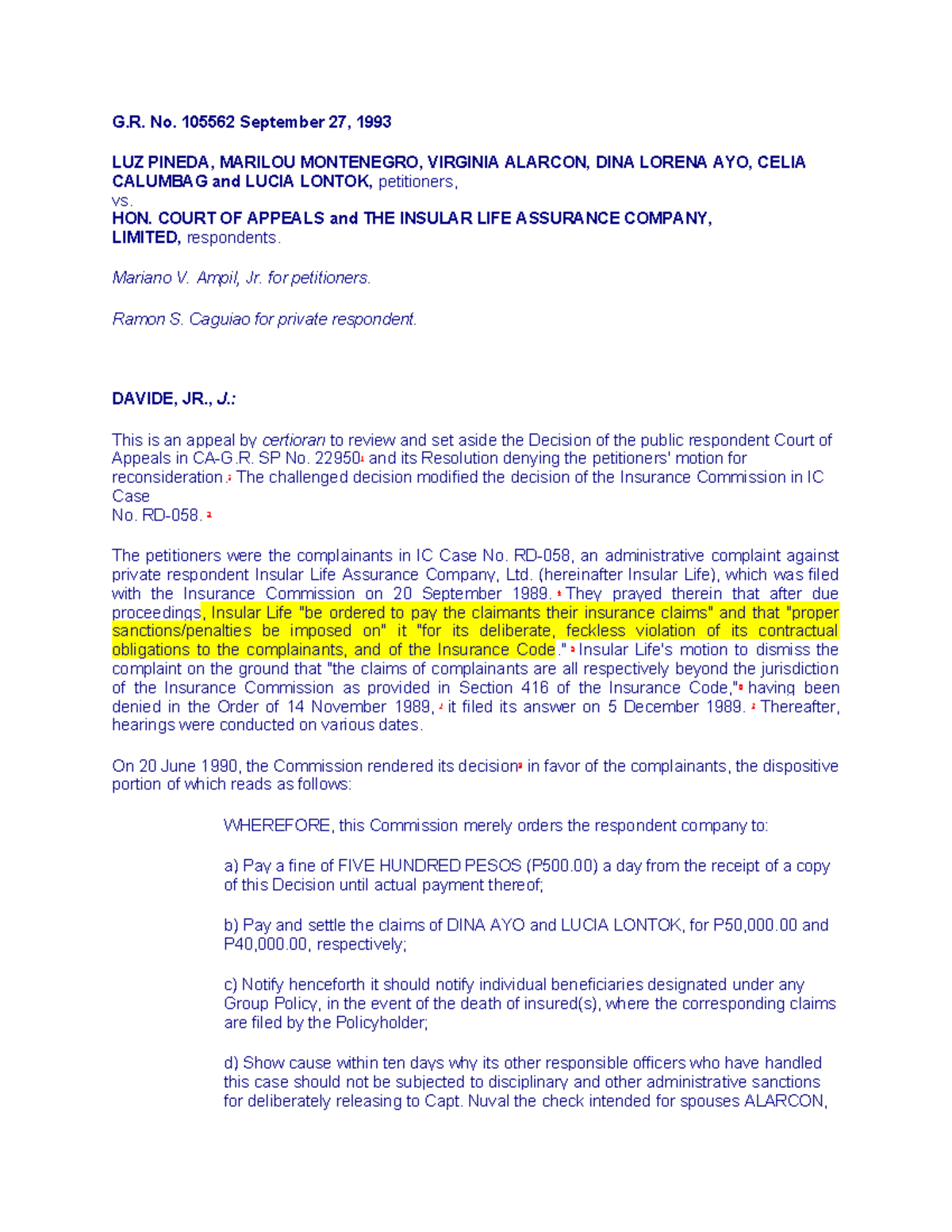 Dhyea - ctto - G. No. 105562 September 27, 1993 LUZ PINEDA, MARILOU ...