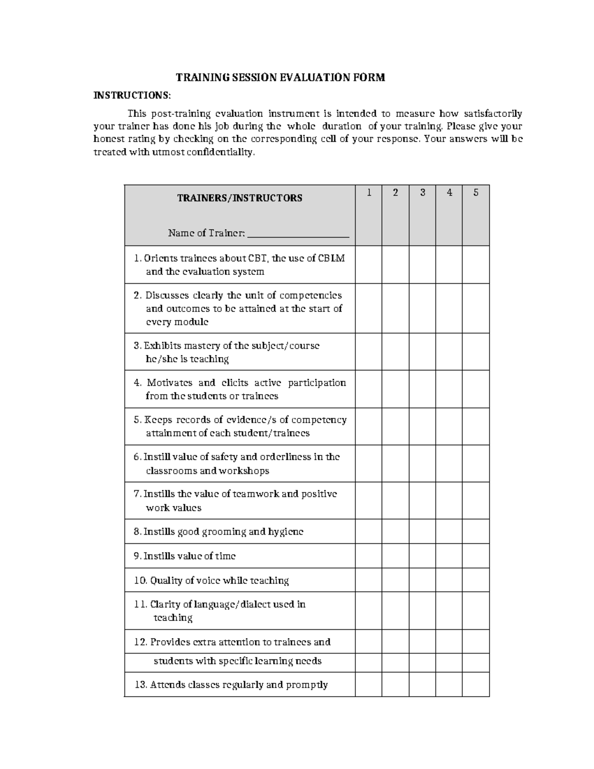 Training Session Evaluation FORM - TRAINING SESSION EVALUATION FORM ...