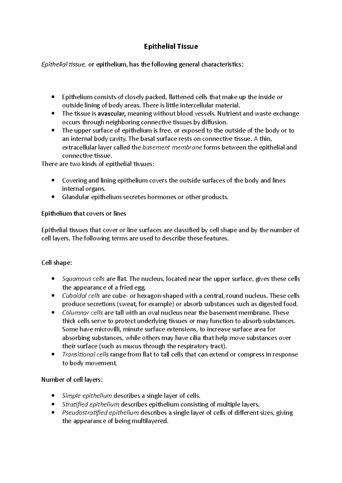 Epithelial Tissue - lecture notes - Epithelial Tissue Epithelial tissue ...
