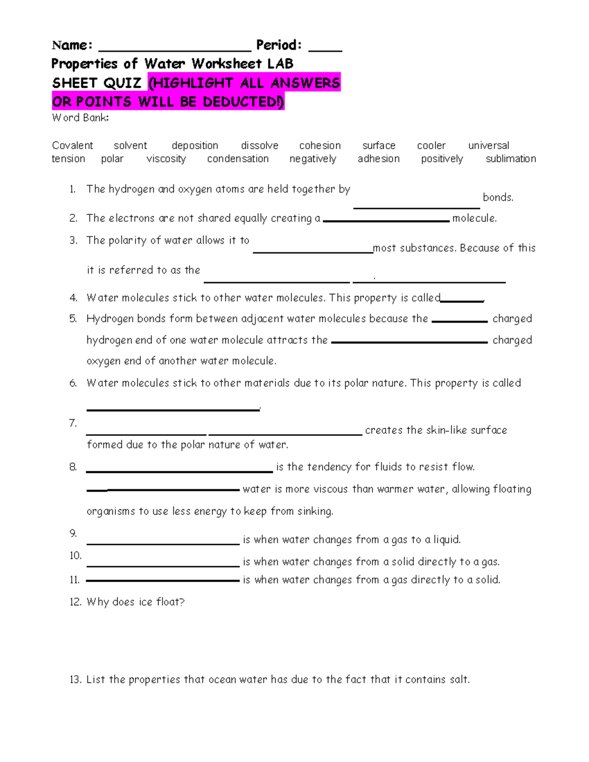 Properties of Water Worksheet KEY - Name: Period: Properties of Water ...