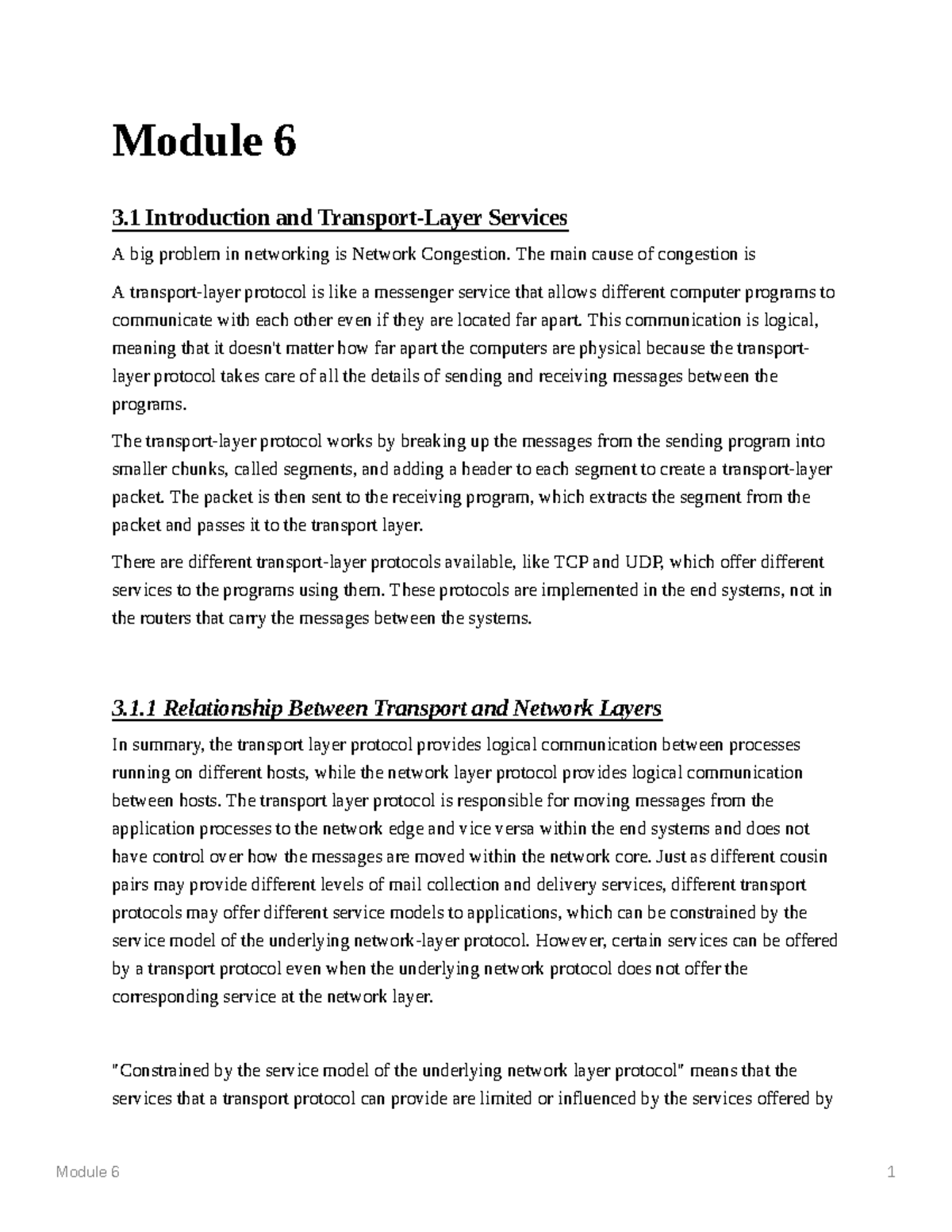 Chapter 3.1 Introduction and Transport Layer Services - Module 6 1 ...