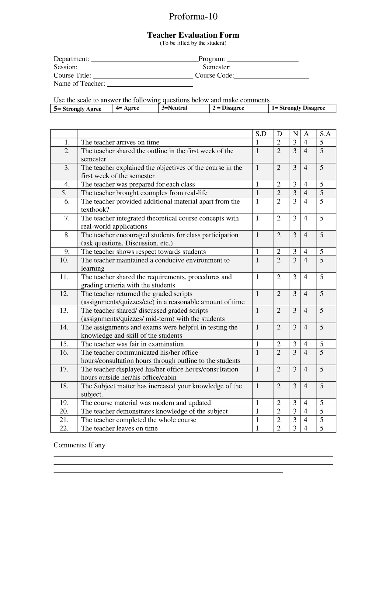 P-10 Teacher Evaluation - Proforma- Teacher Evaluation Form (To be ...