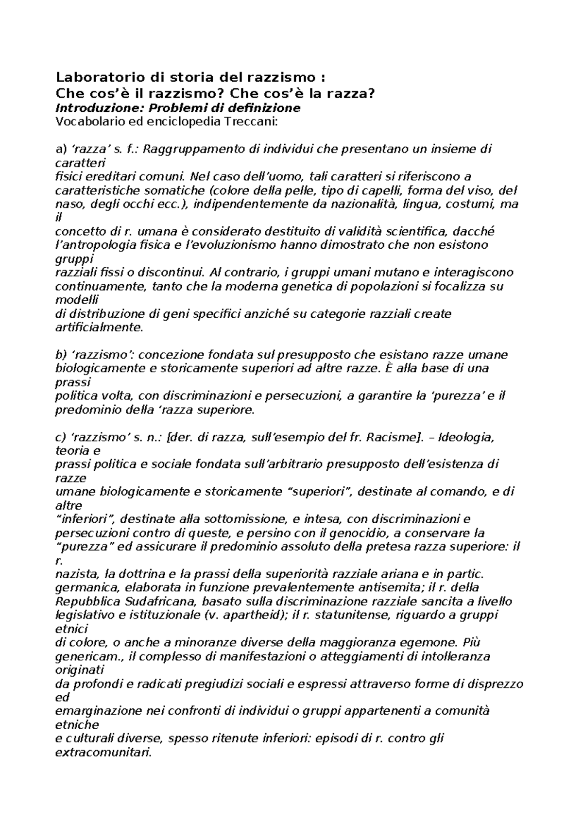 Appunti Storia razzismo - Laboratorio di storia del razzismo : Che cos ...