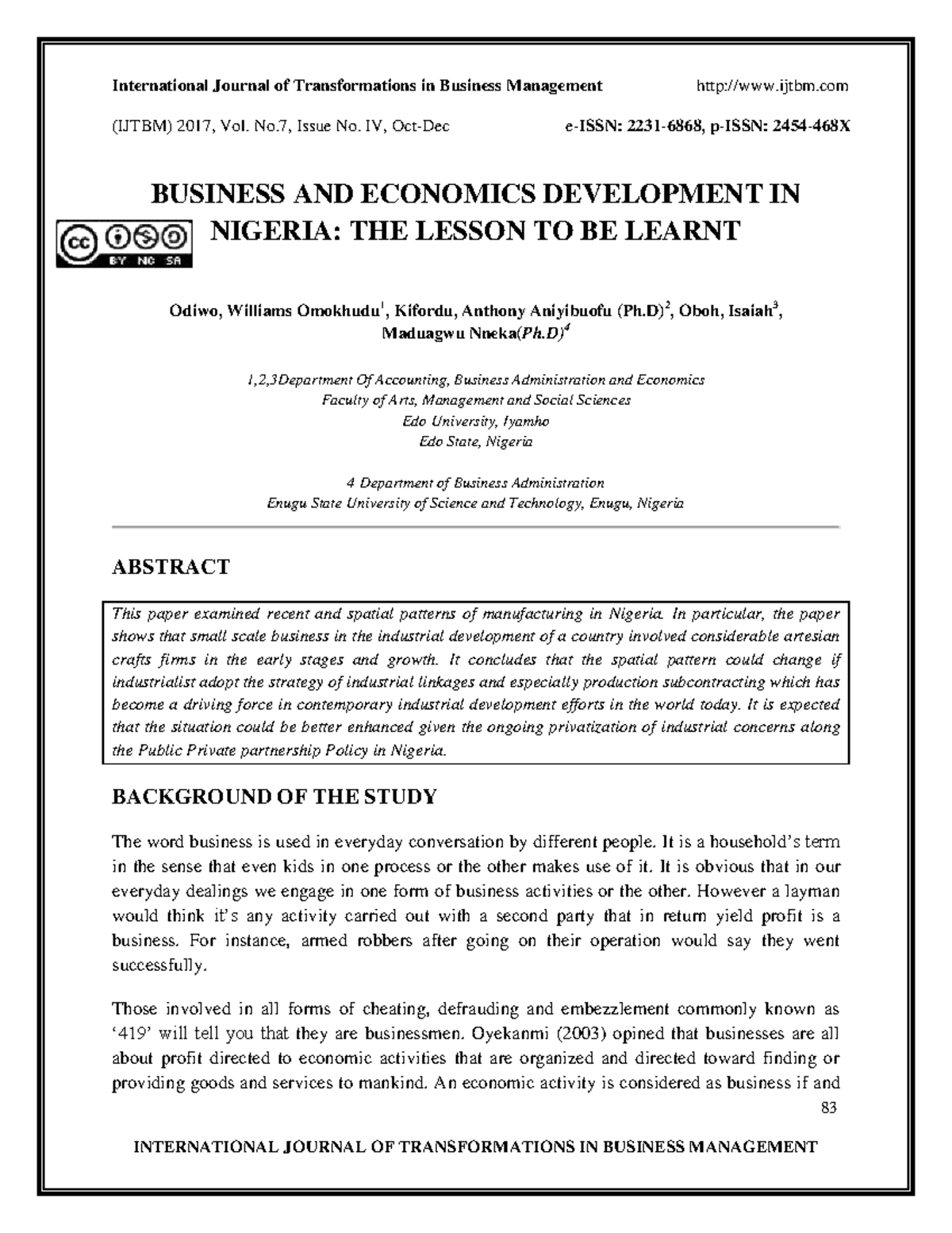 Business and economics development in nigeria the lesson to-be learnt - (IJTBM) 2017, Vol. No ...